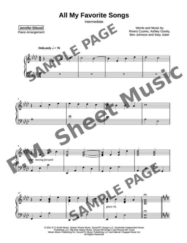 All My Favorite Songs (Intermediate Piano) By Weezer - F.M. Sheet Music - Pop Arrangements by ...